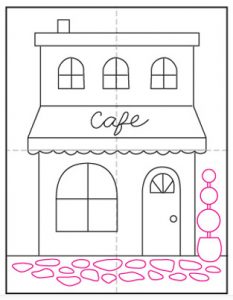 Easy How to Draw a Cafe Tutorial and Cafe Coloring Page