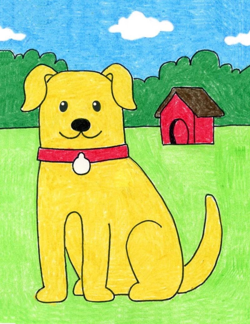 Easy How to Draw a Cartoon Dog Tutorial and Cartoon Dog Coloring Page
