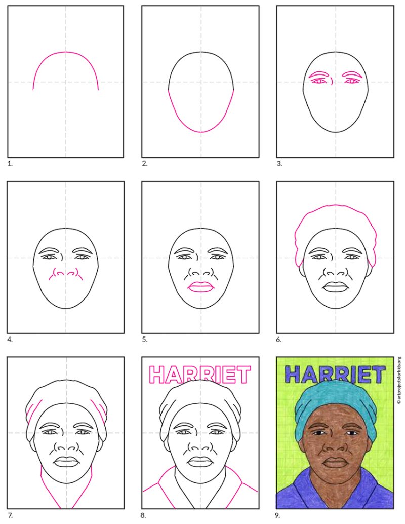 How to Draw Harriet Tubman Tutorial and Harriet Tubman Coloring Page