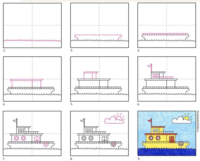 Easy How to Draw a Houseboat Tutorial and Coloring Page