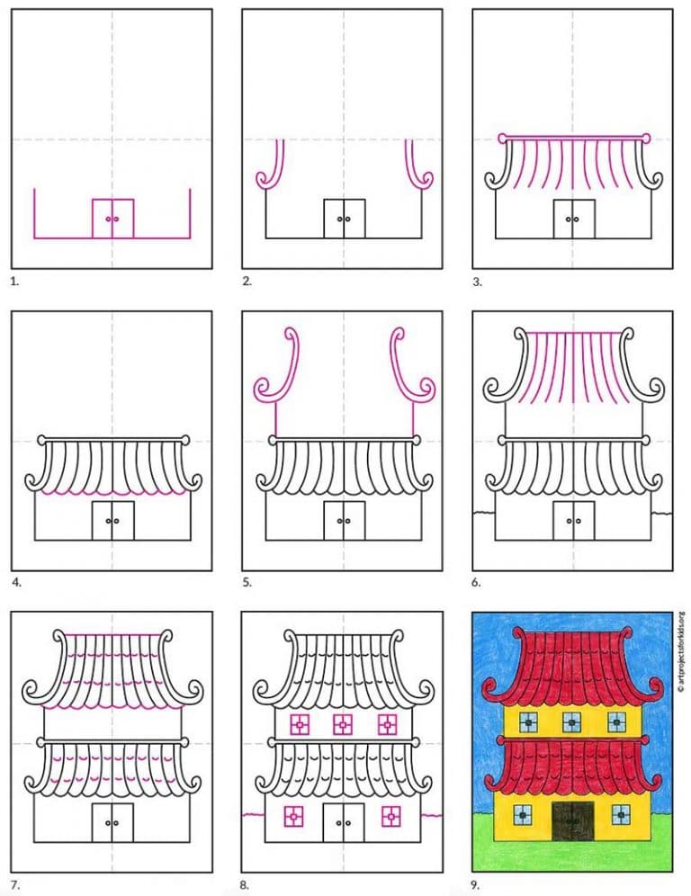 How to Draw a Pagoda: Step-by-Step Japanese Template Drawing Lesson for ...
