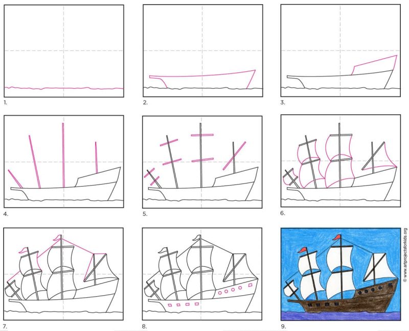 Easy How to Draw a Ship Tutorial and Ship Coloring Page