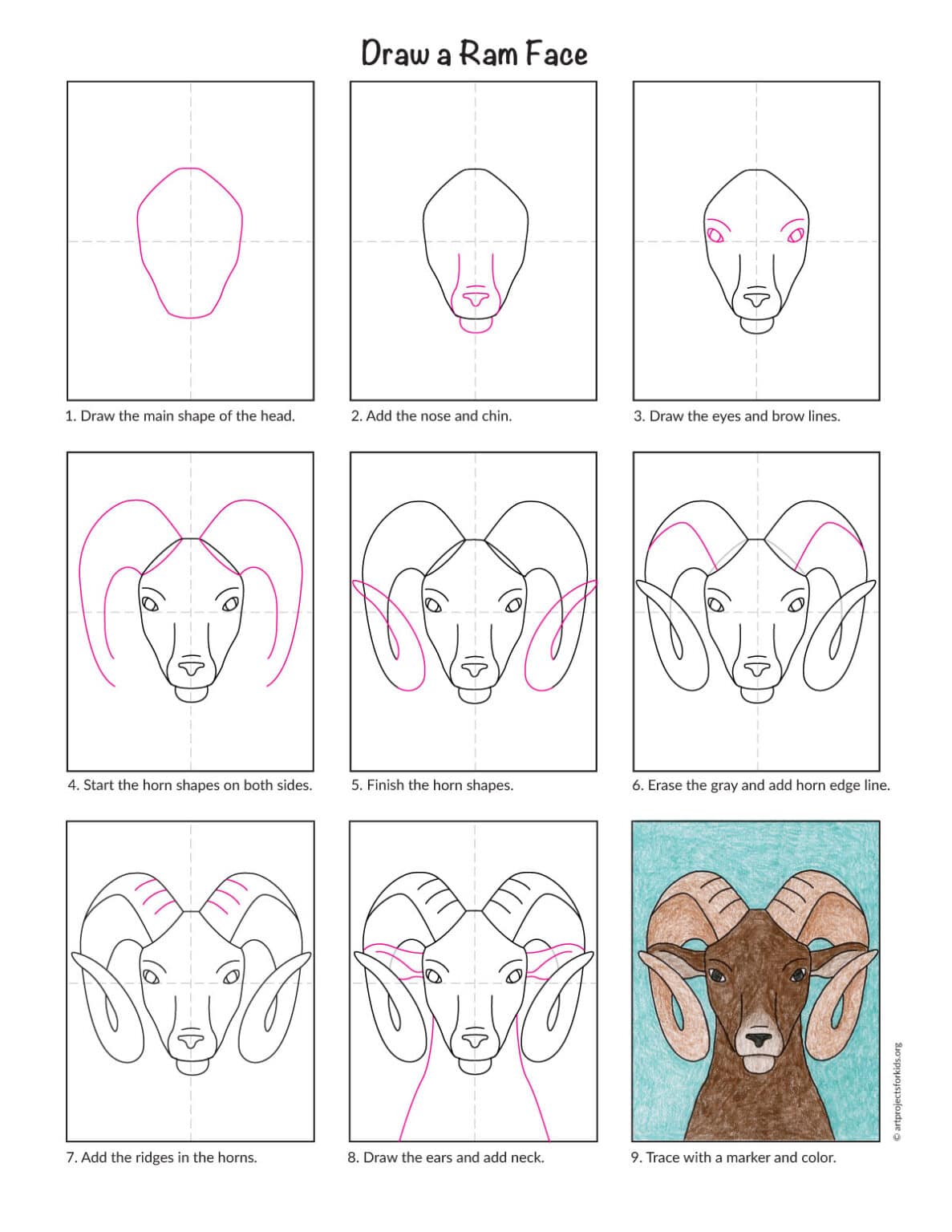 Ram Drawing: Easy How to Draw a Ram Face with Horns for Kids