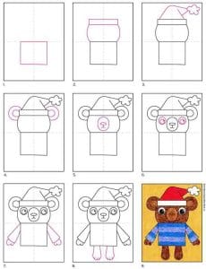 How to Draw a Christmas Teddy Bear Tutorial and Coloring Page