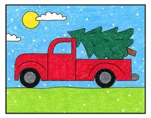 How to Draw a Truck with a Christmas Tree: Art Lesson for Kids