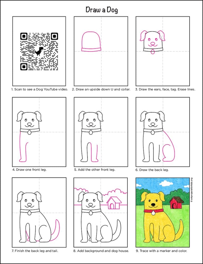 Easy How to Draw a Dog Tutorial Video and Dog Coloring Page
