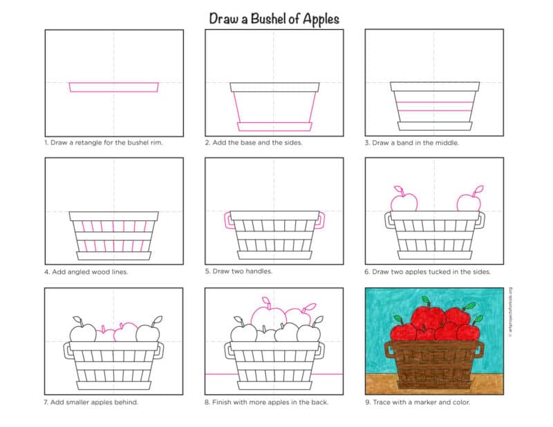 Easy Apple Basket Directed Drawing for Kids: How to Draw a Basket of Apples
