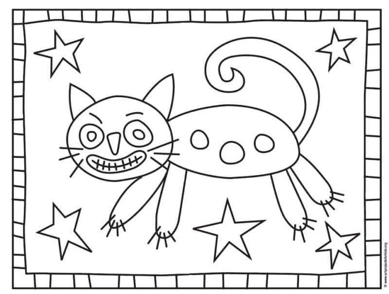 Easy How to Draw a Folk Art Cat Tutorial & Folk Art Coloring Page