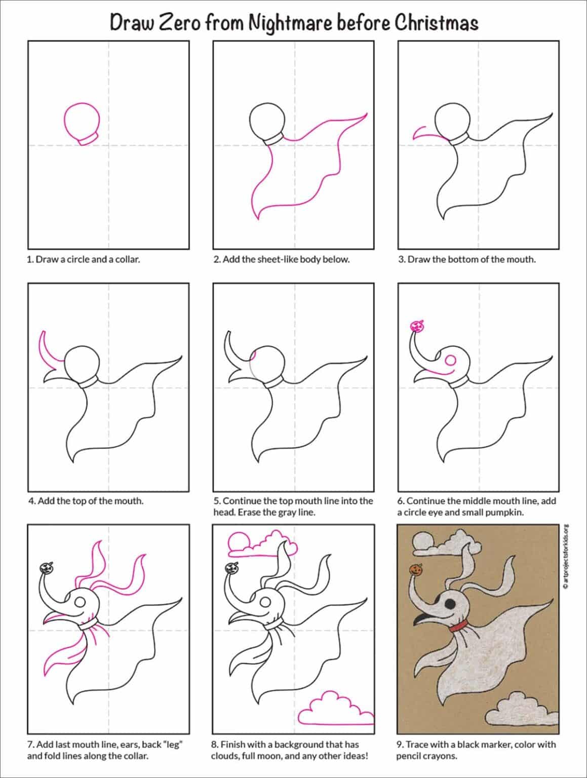 Easy How to Draw Zero from Nightmare before Christmas Tutorial