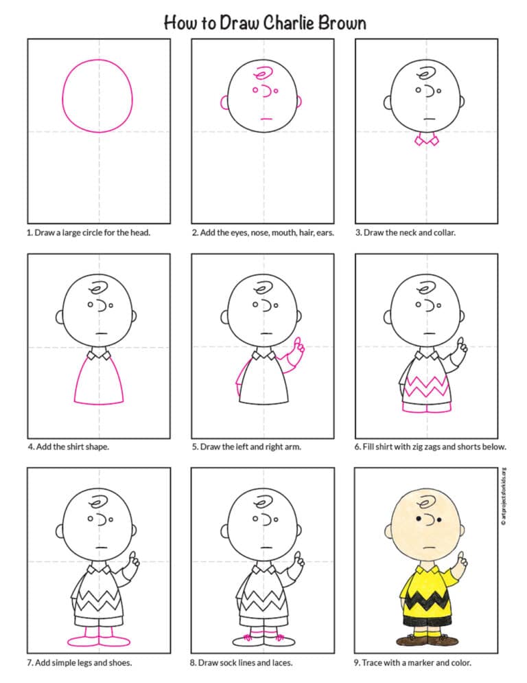 Easy How to Draw Charlie Brown Tutorial and Coloring Page
