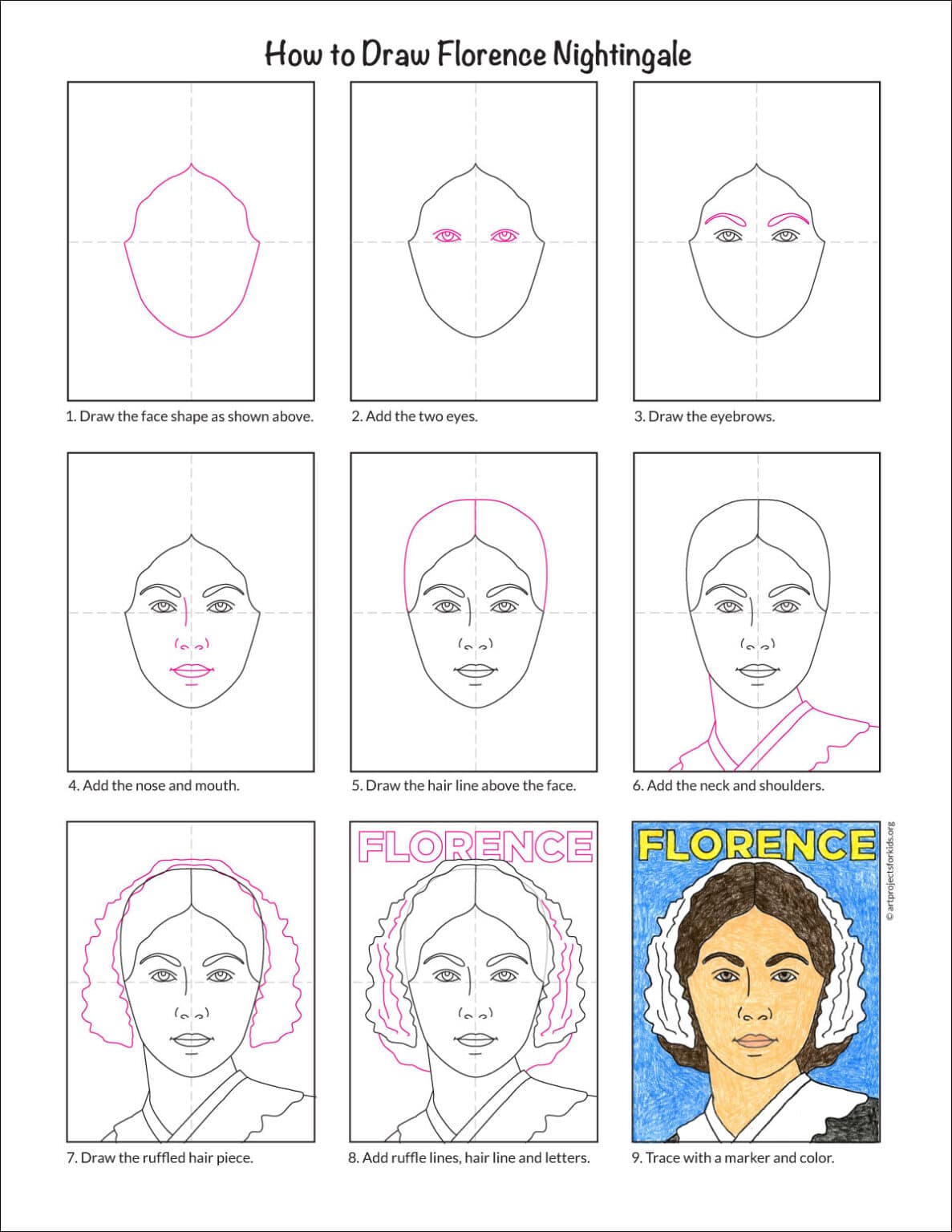 Easy How to Draw Florence Nightingale Tutorial and Coloring Page