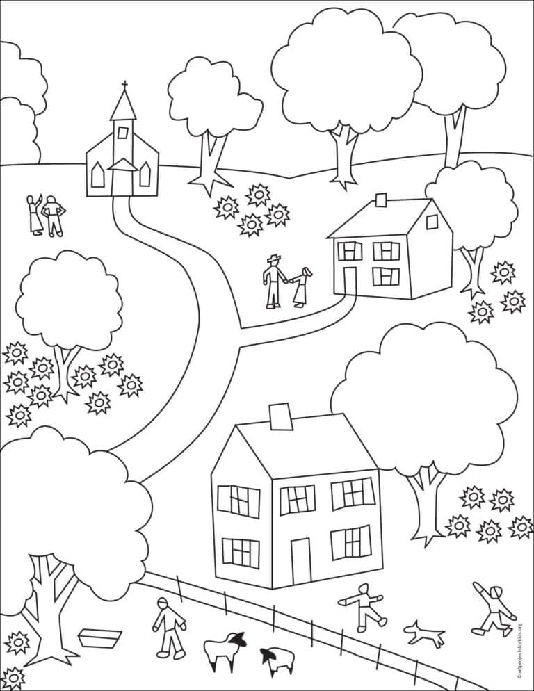Easy How to Draw like Grandma Moses Tutorial and Coloring Page