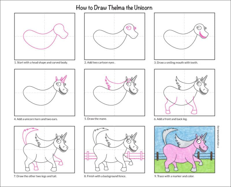 Easy How to Draw Thelma the Unicorn Tutorial and Coloring Page