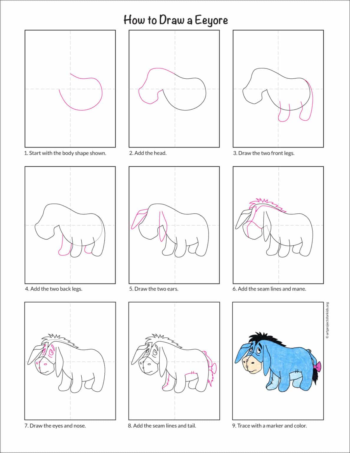 How to Draw Eeyore from Winnie the Pooh: Step-by-Step Art Lesson