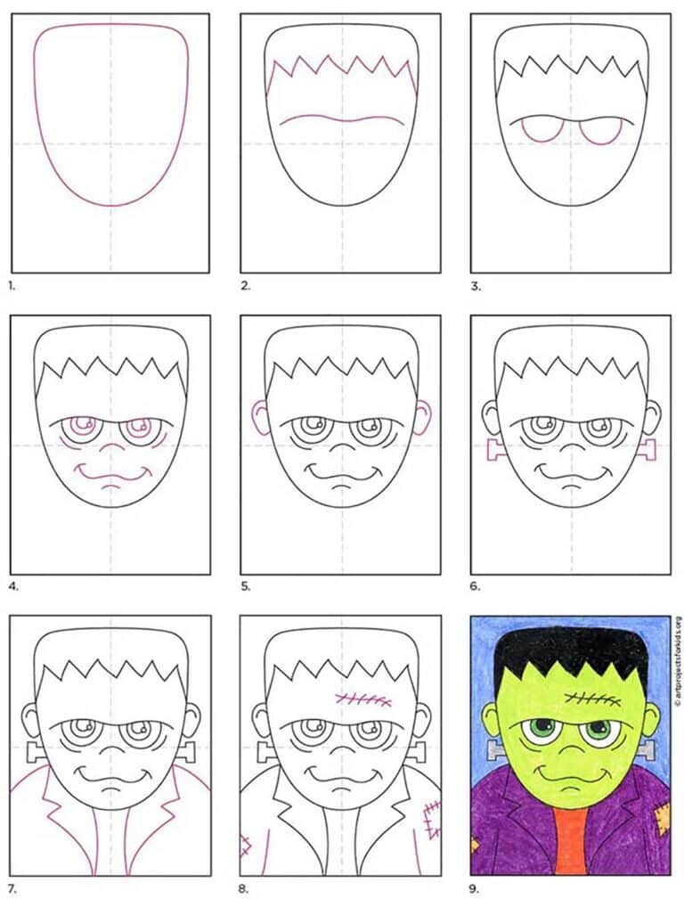 How to Draw Frankenstein's Face: Easy Step-by-Step Art Lesson for Kids