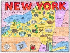 Printable Map of New York State for Kids with Cities to Color