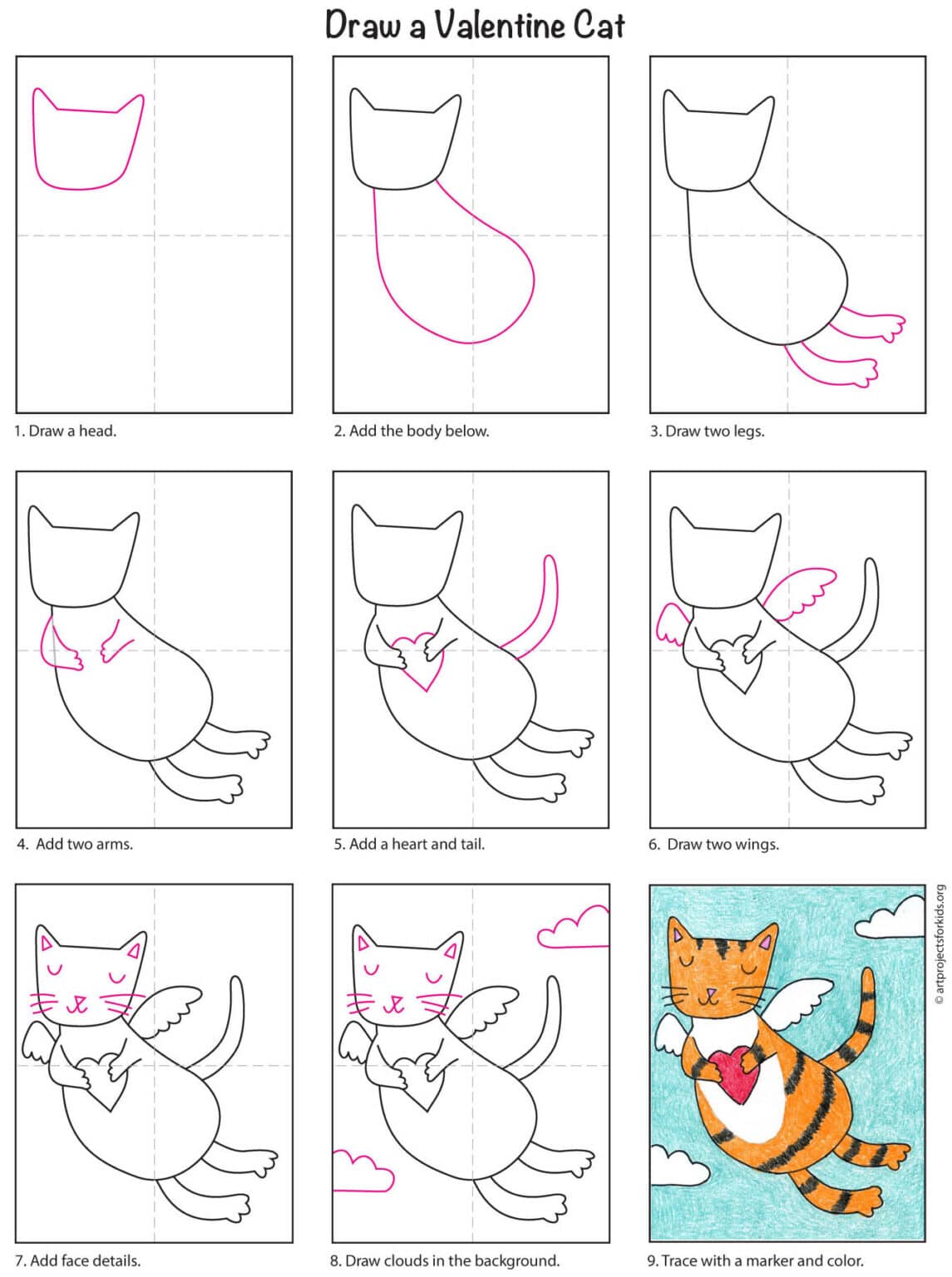 How to Draw a Valentine Cat: Easy Step-by-Step Art Lesson for Kids