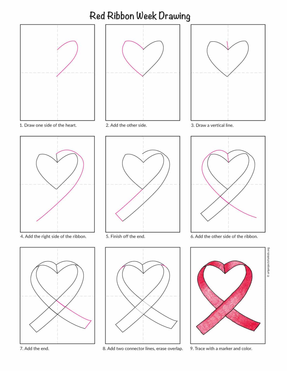 Red Ribbon Week Drawing: Easy Heart Ribbon Art Project for Kids