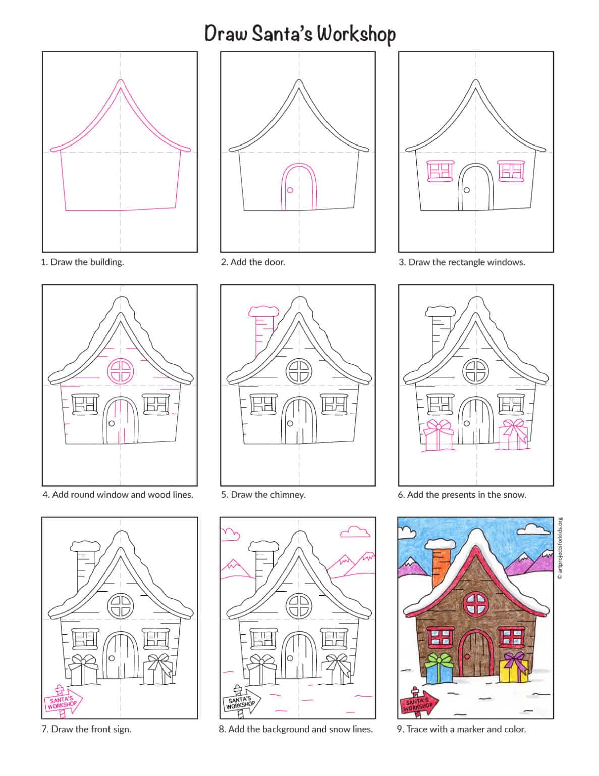Santa’s Workshop Drawing: Easy Step-by-Step Christmas Art Lesson