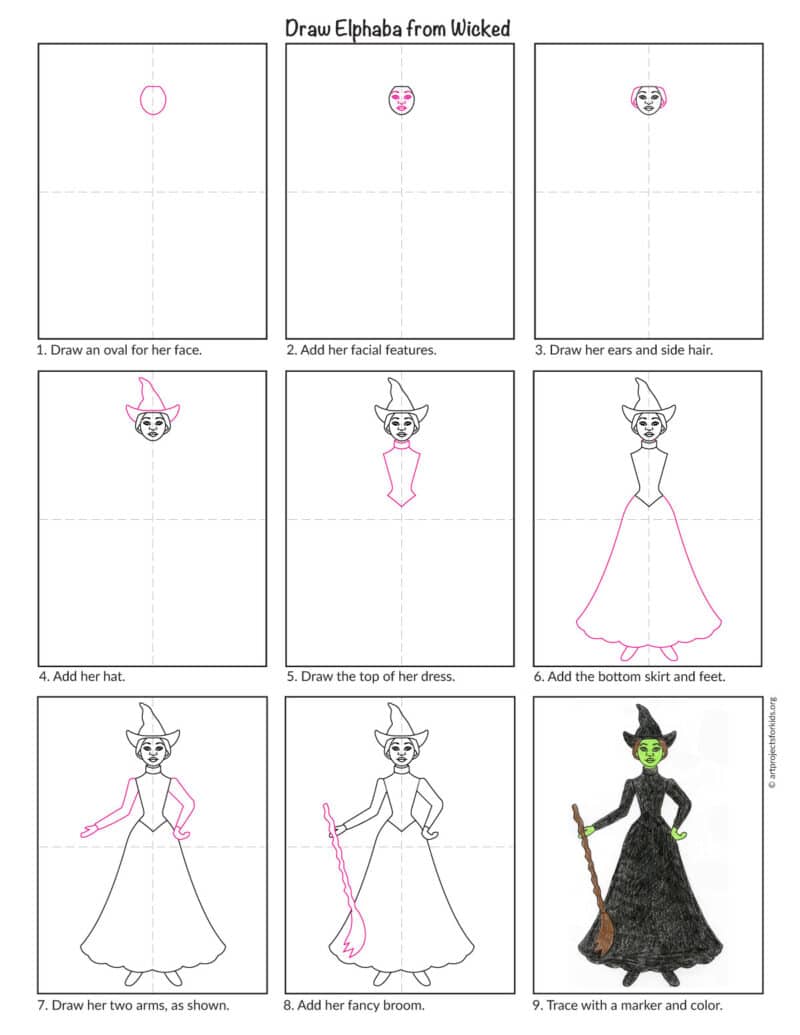 Elphaba Drawing: Easy Wicked Witch Art Lesson for Kids